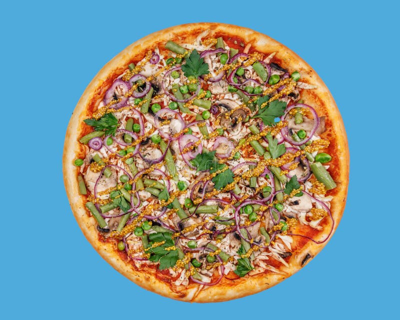 Pizza with Green Beans, Spinach, Red Onion and French Mustard on a Blue ...
