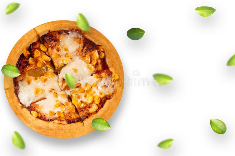 Pizza with Green Leaves Isolated on White Background. Top View Stock ...