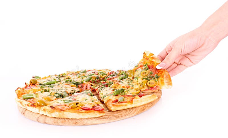 Pizza and hand stock photo. Image of away, dinner, olives - 15970074