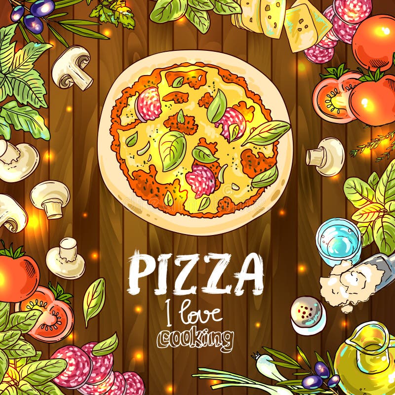 Pizza hot cooking stock vector. Illustration of green - 65355775