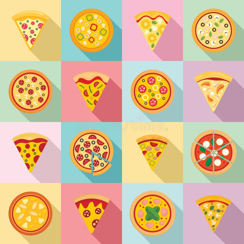 Pizza icon set, flat style stock vector. Illustration of dinner - 130715990