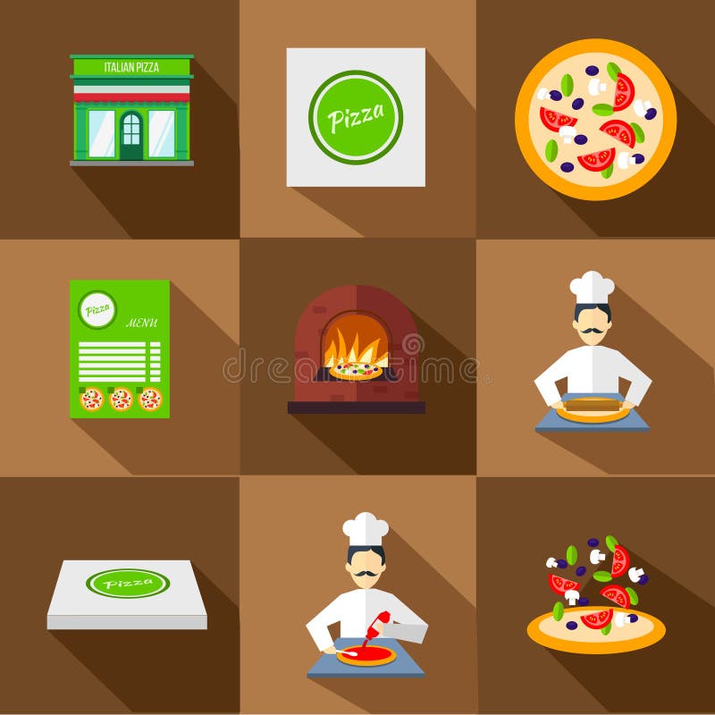 Pizza Icons with Pizzeria and Chef Set Stock Vector - Illustration of ...
