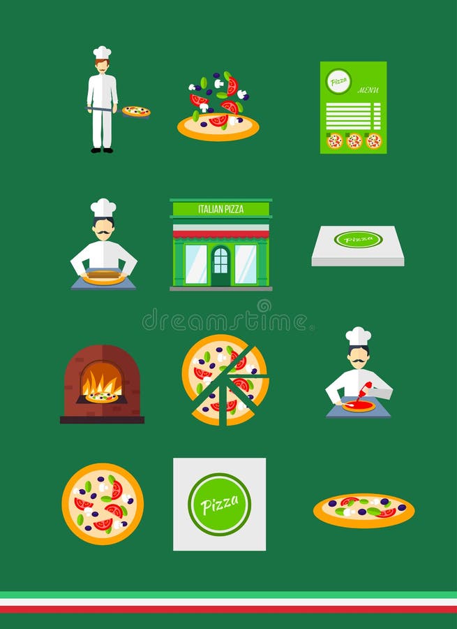 Pizza Icons with Pizzeria and Chef Set Stock Vector - Illustration of ...