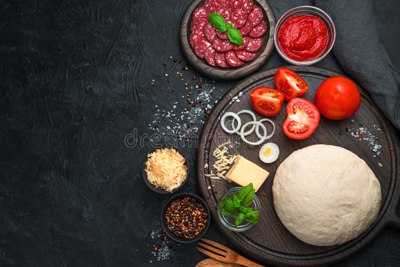 Pizza Ingredients on a Black Background. Top View with Copy Space Stock ...