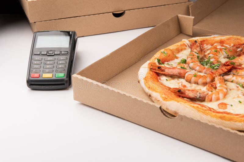Pizza Inside Open Box on Tall Stack of Delivery Boxes Stock Photo ...