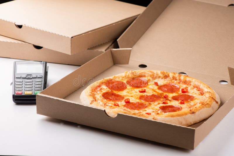 Pizza Inside Open Box on Tall Stack of Delivery Boxes Stock Image ...