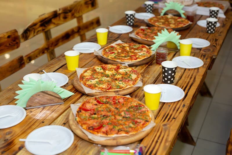 Pizza and Juice on the Birthday Table. Stock Photo - Image of delicious ...