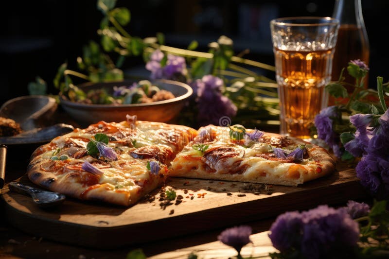 A Pizza of Lemon Cream in a Spring Picnic with Wild Flowers ...