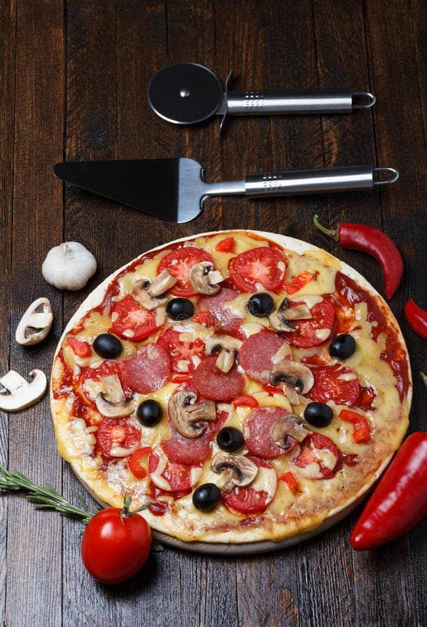 Pizza with Lifter and Cutter Stock Image - Image of salami, food: 27025901