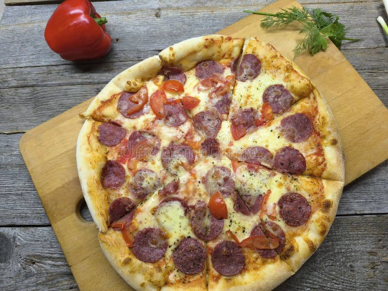 The Pizza Lying on the Table is a Top View. Stock Photo - Image of menu ...