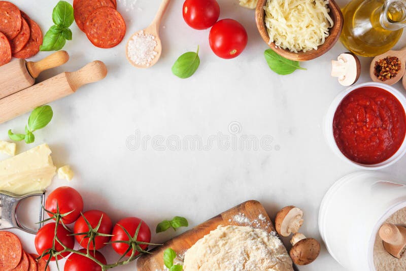Pizza Making Ingredients Corner Border Against a White Marble Banner ...
