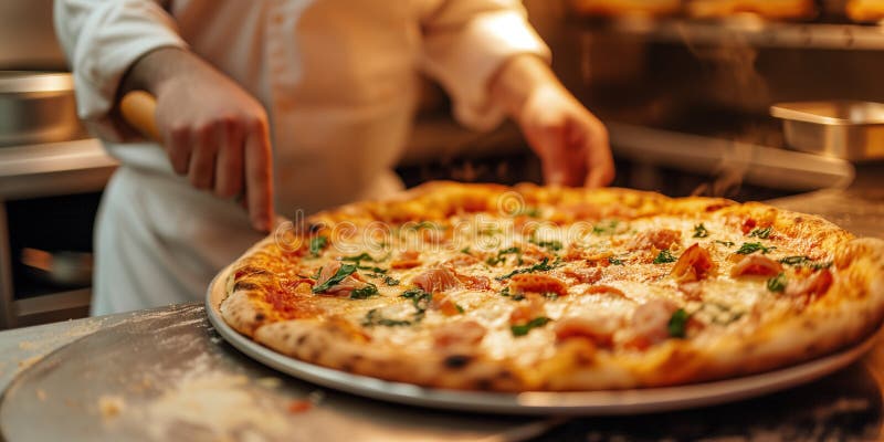 Pizza Making Process. Male Chef Hands Making Authentic Pizza in the ...