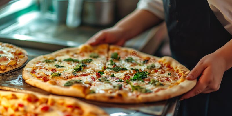 Pizza Making Process. Male Chef Hands Making Authentic Pizza in the ...
