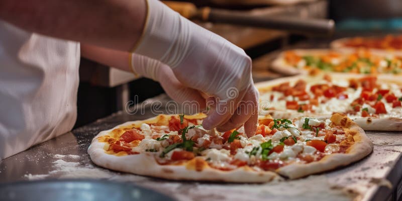 Pizza Making Process. Male Chef Hands Making Authentic Pizza in the ...