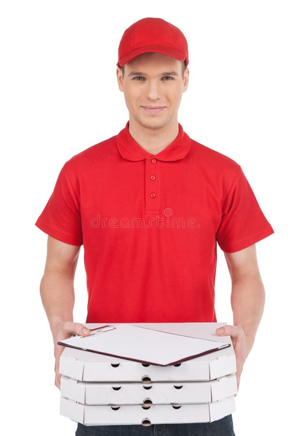 Pizza Man. Cheerful Young Deliveryman Holding a Pizza Box while Stock ...