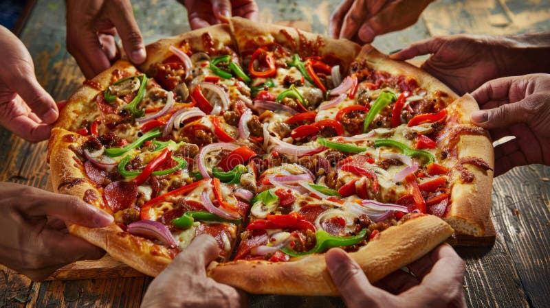 The Pizza and Many Hands. AI Generated Stock Photo - Image of nutrition, closeup: 373336290