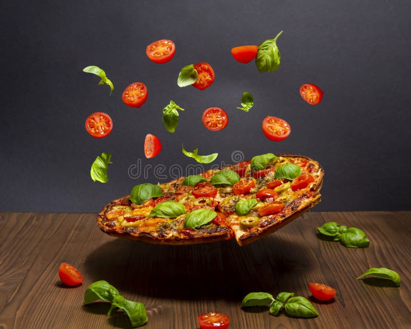 Pizza Margherita with Basil Tomato and Mozzarella Levitating Stock ...