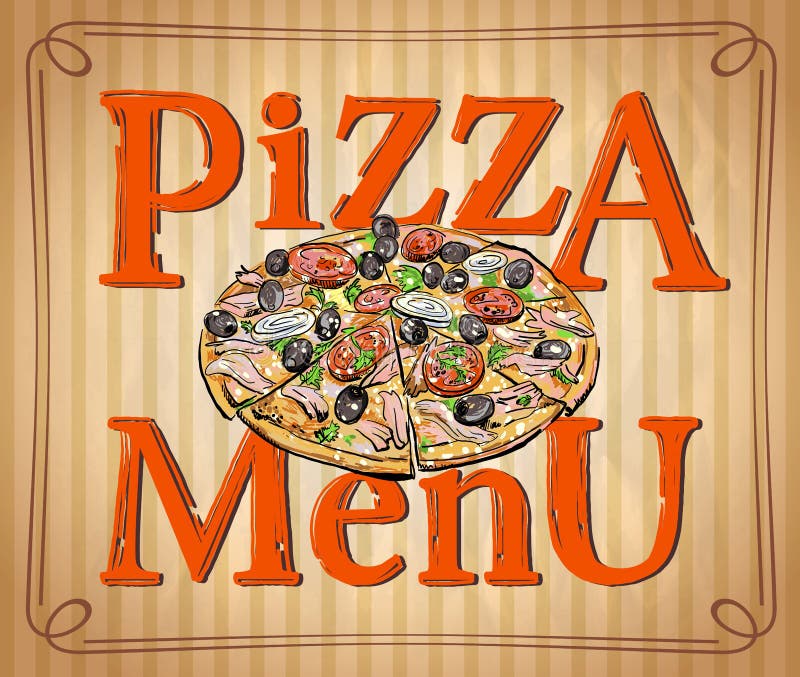 Pizza Menu Board with Whole Pizza, Graphic Hand Drawn Illustration ...