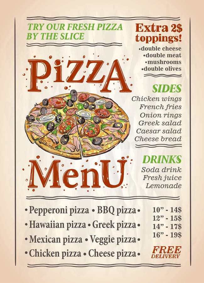 Pizza Menu Card with Graphic Pizza Illustration Stock Vector ...