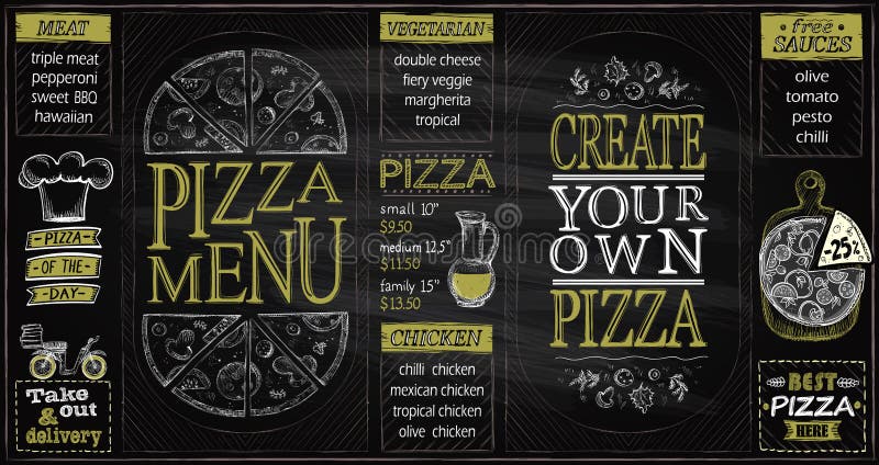 Pizza Chalkboard Menu with Pizza in Delivery Box Illustration Stock ...