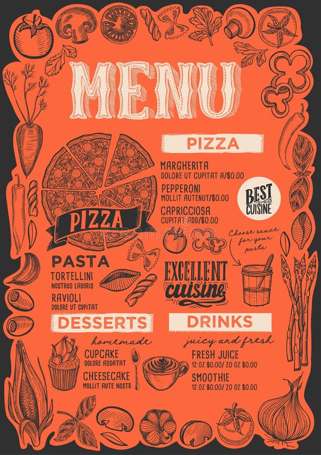 Pizza Menu for Restaurant with Frame of Graphic Vegetables. Stock ...