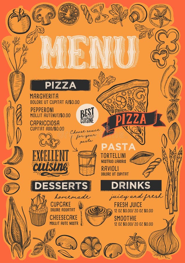 Pizza Menu for Restaurant with Frame of Graphic Vegetables. Stock ...