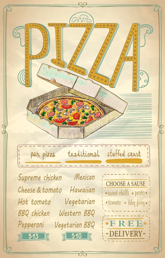 Pizza Menu Template, Pizza in Delivery Box, Old Style Paper Background ...