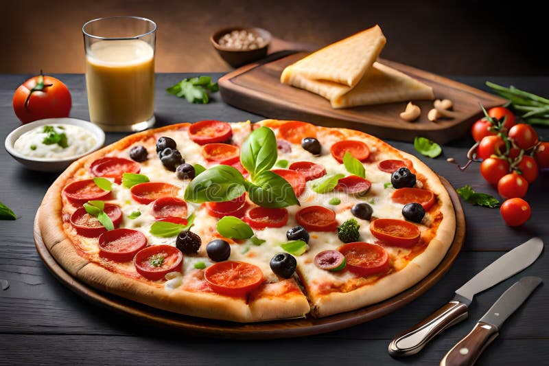 Pizza with Milk Served at the Table, Generative AI Stock Illustration ...