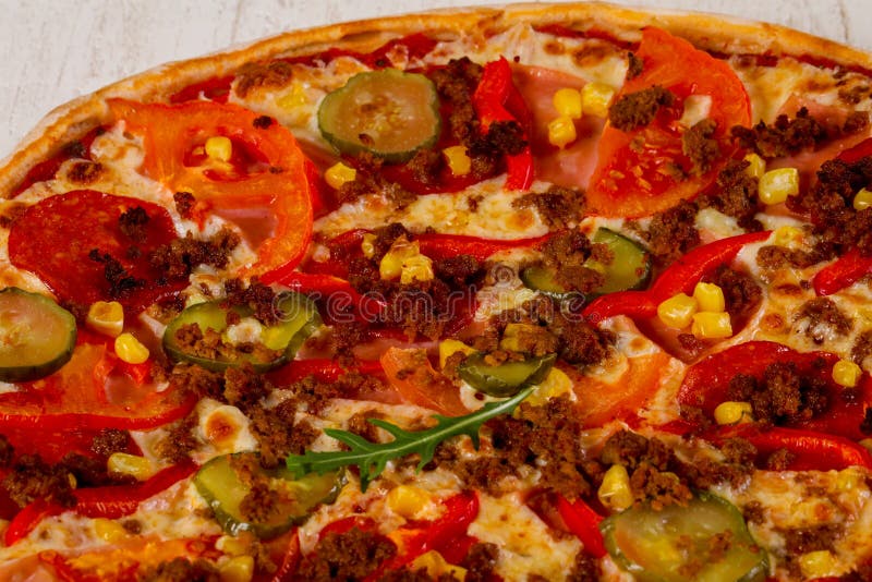 Pizza with minced meat stock photo. Image of close, slice - 136885200