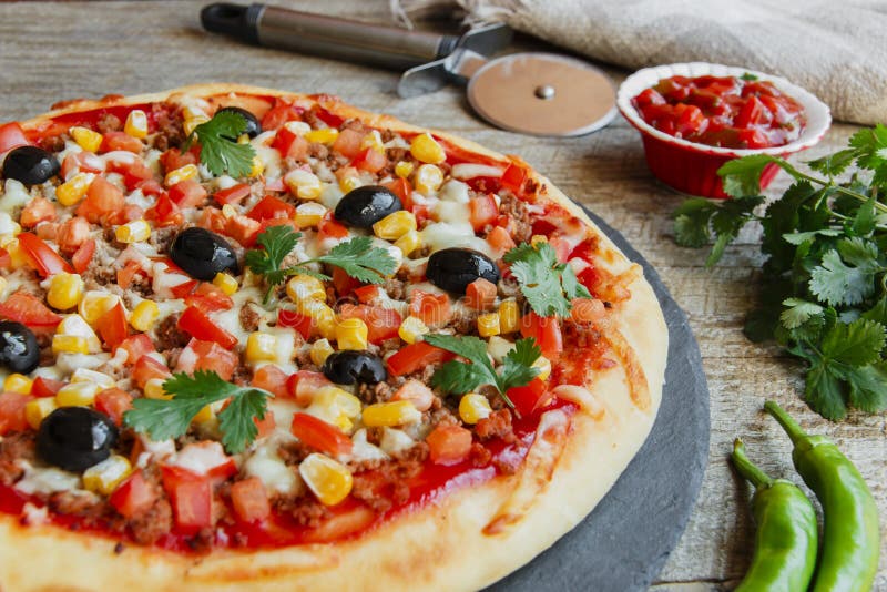 Pizza with Minced Meat Tomato Cheese Corn Olives Stock Photo - Image of ...