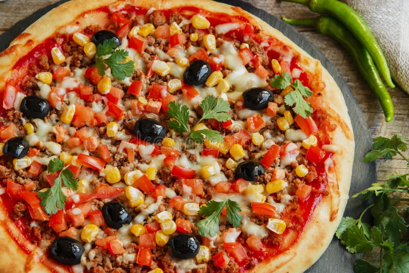 Pizza with Minced Meat Tomato Cheese Corn Olives Stock Image - Image of ...