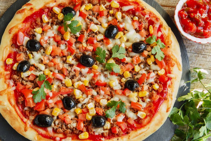 Pizza with Minced Meat Tomato Cheese Corn Olives Stock Photo - Image of ...