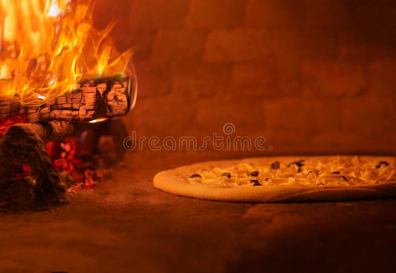 Pizza Near the Fire in Oven Burning in Flames Stock Photo - Image of ...