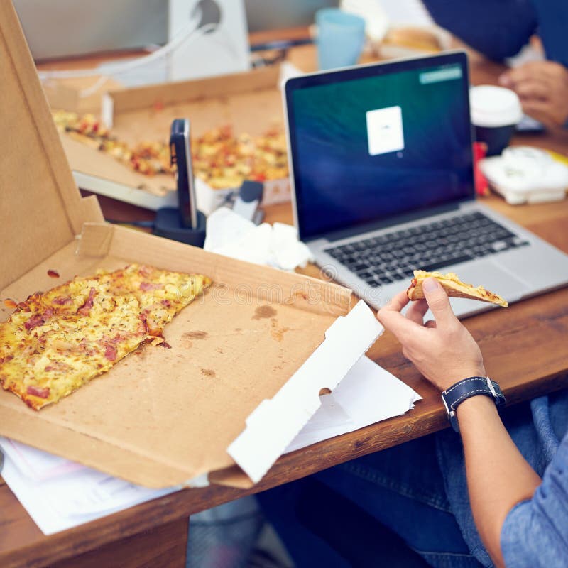 Pizza, Office and Worker Hands on Laptop Screen for Programming ...