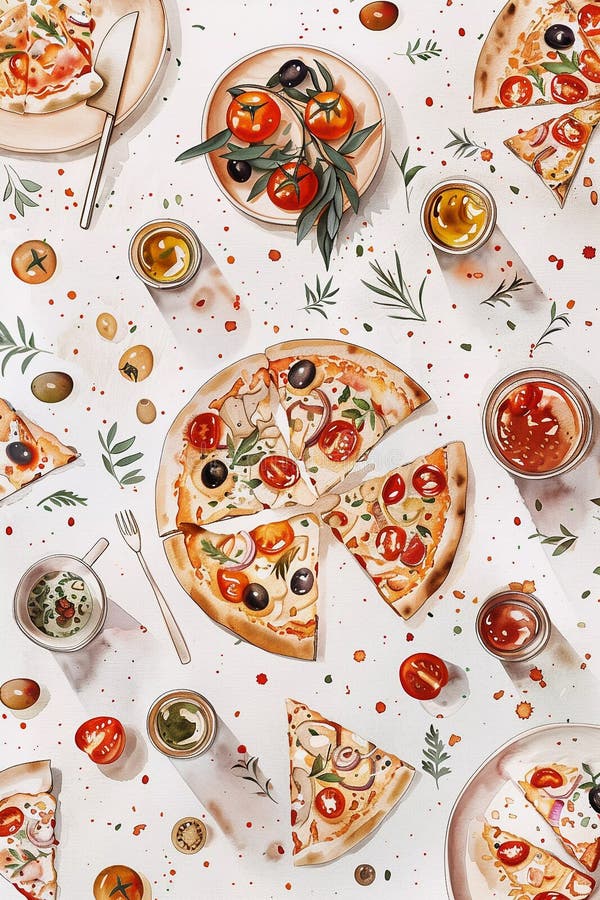 Pizza, Olives, Tomatoes and Herbs. Top View. Vertical Watercolor ...