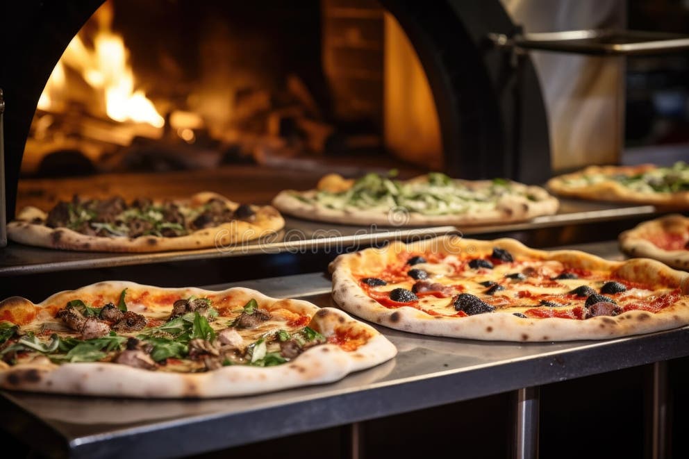 Pizza Oven with Multiple Pies Baking Simultaneously Stock Photo - Image ...