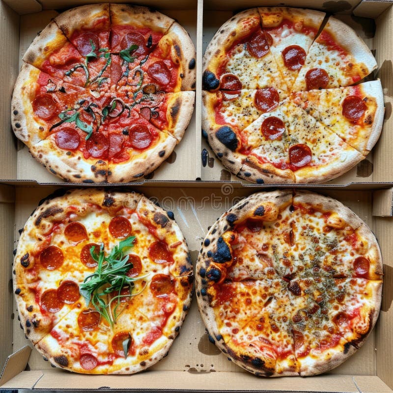 Pizza Party. 4 Pizzas in a Box Stock Illustration - Illustration of ...