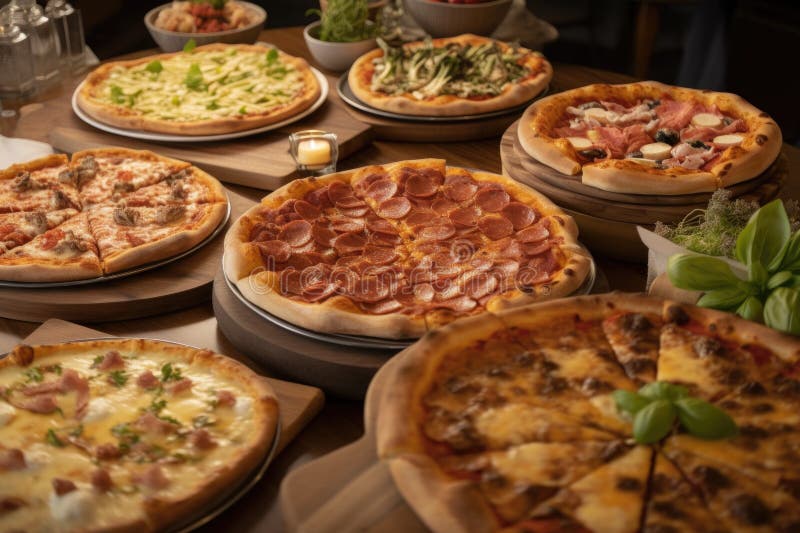 Pizza Party with a Variety of Pizzas, Each Topped Different Ingredients ...