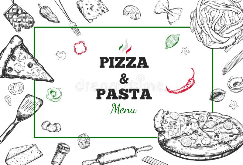 Pizza and Pasta Vector Frame Stock Vector - Illustration of kitchen ...