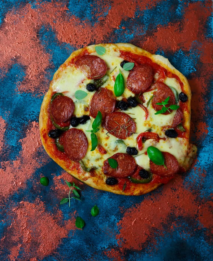 Pizza with Pepper and Chorizo.. Top View Stock Photo - Image of view ...