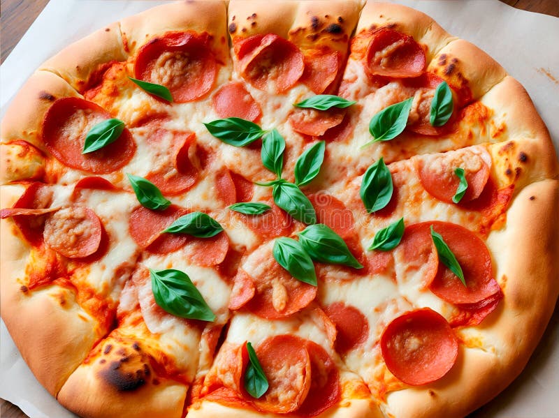 A Pizza with Pepperoni and Basil Leaves Stock Illustration ...