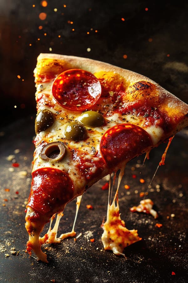 Pizza, Pepperoni, Cheese, Olive, Slice with Toppings and Grease Stock ...