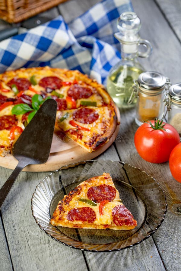Pizza Pepperoni Cut into Pieces. Stock Image - Image of pizza ...