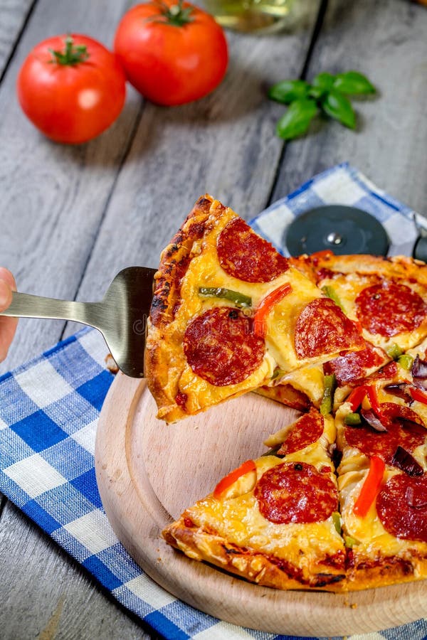 Pizza Pepperoni Cut into Pieces. Stock Image - Image of focus, meat ...