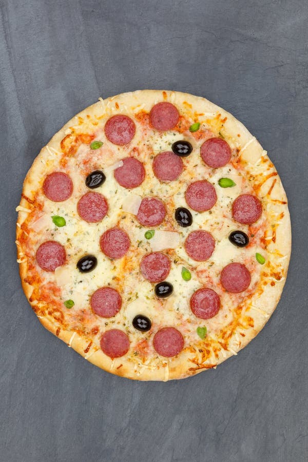 Pizza Pepperoni Salami Portrait Format from Above Slate Stock Image ...