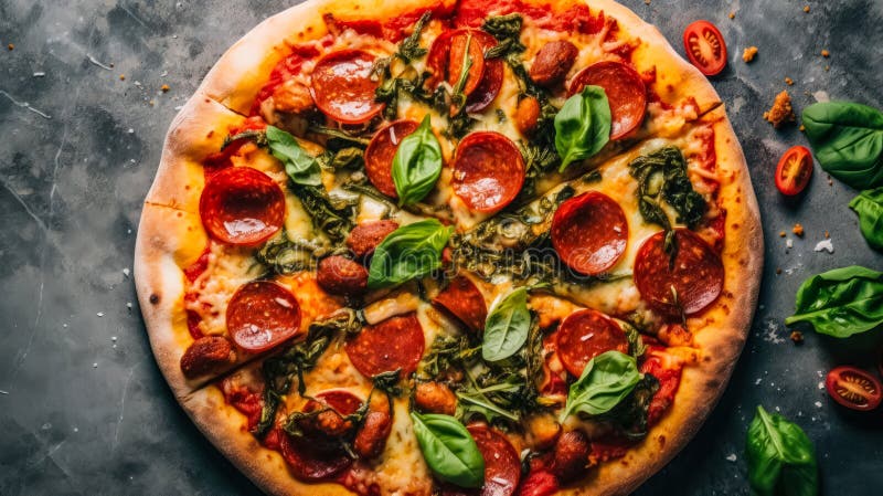 A Pizza with Pepperoni and Spinach on it Stock Image - Image of sausage ...