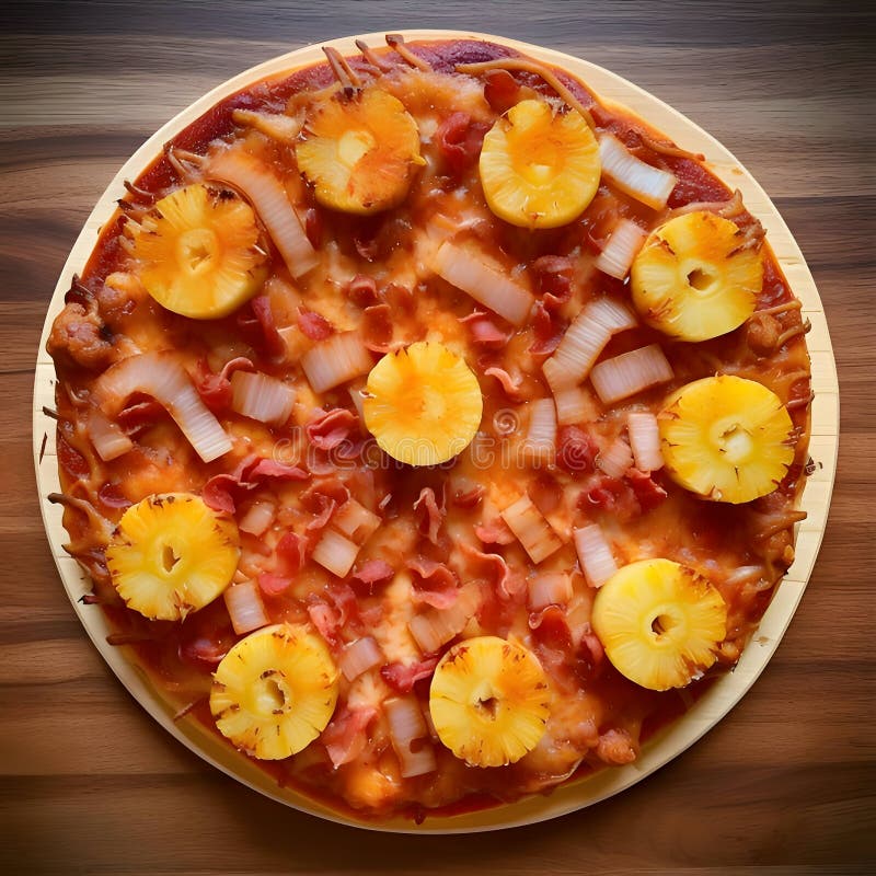 Pizza with Pineapple on Wooden Board and Table Stock Illustration ...