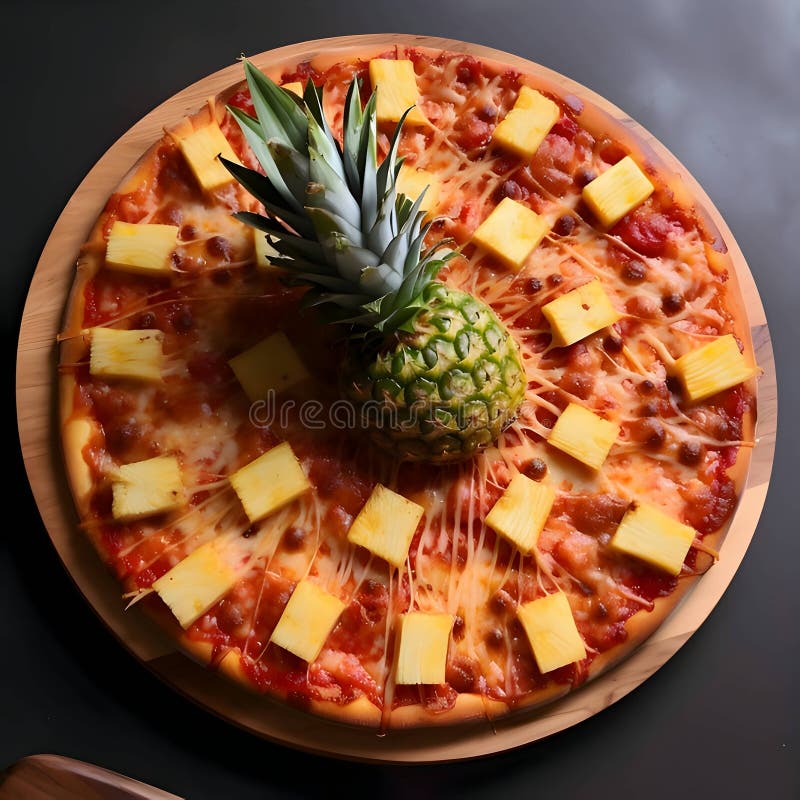 Pizza with Pineapple on Wooden Board and Table Stock Illustration ...