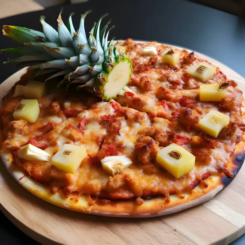 Pizza with Pineapple on Wooden Board and Table Stock Illustration ...