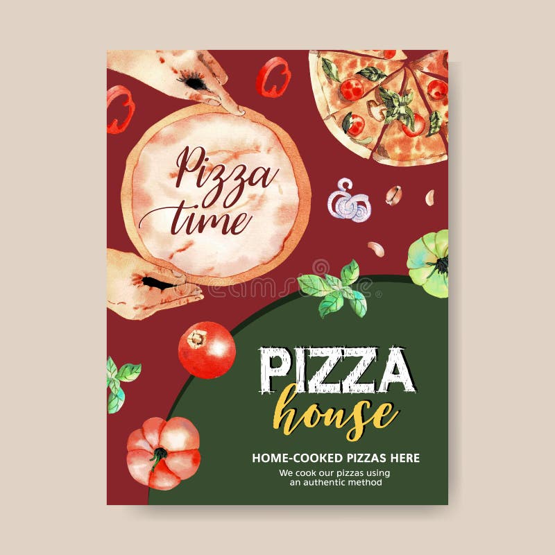 Pizza Poster Design with Dough, Pizza, Hands Watercolor Illustration ...